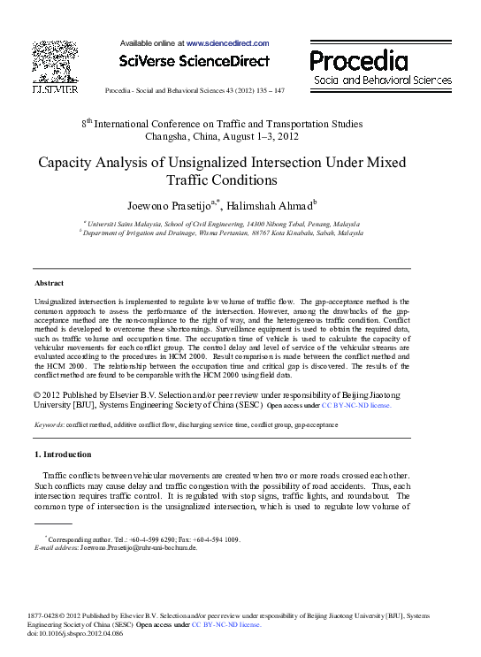 Pdf Capacity Analysis Of Unsignalized Intersection Under Mixed Traffic Conditions Associate