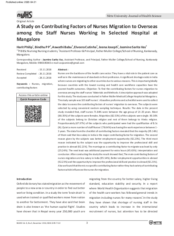 (PDF) A Study on Contributing Factors of Nurses Migration to Overseas among the Staff Nurses ...