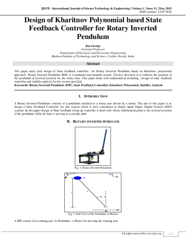 Pdf Design Of Kharitnov Polynomial Based State Feedback Controller For Rotary Inverted Pendulum