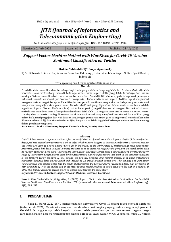 (PDF) Support Vector Machine Method with Word2vec for Covid-19 Vaccine Sentiment Classification ...