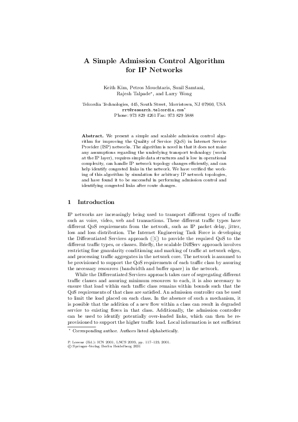 Pdf A Simple Admission Control Algorithm For Ip Networks