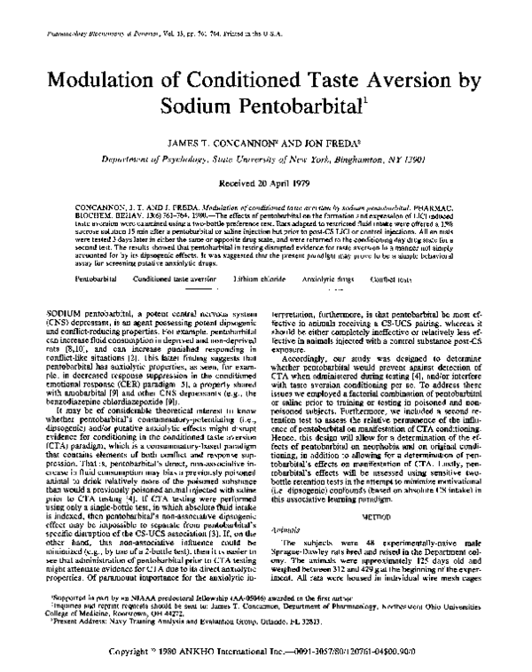 (PDF) Modulation of conditioned taste aversion by sodium pentobarbital | Jon Freda - Academia.edu