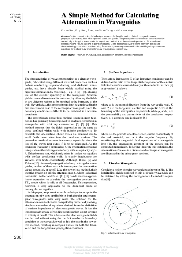 (PDF) A Simple Method for Calculating Attenuation in Waveguides