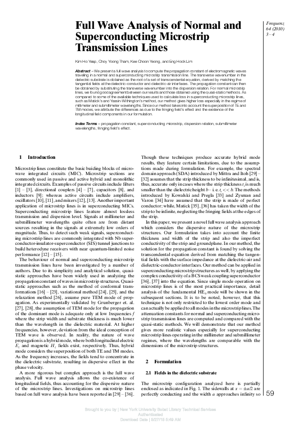 Pdf Full Wave Analysis Of Normal And Superconducting Microstrip Transmission Lines