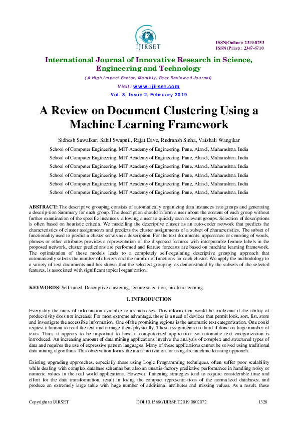 Pdf A Review On Document Clustering Using A Machine Learning Framework