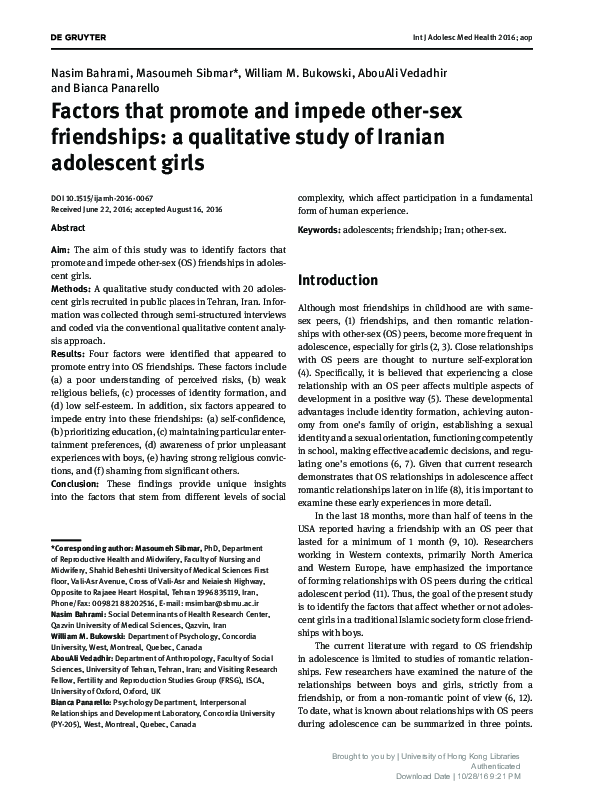 Pdf Factors That Promote And Impede Other Sex Friendships A