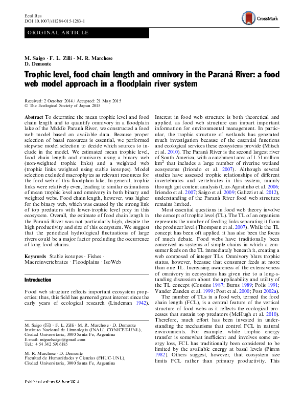 (PDF) Trophic level, food chain length and omnivory in the Paraná River: a food web model ...