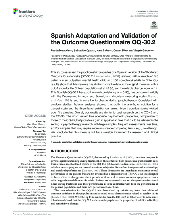 (PDF) Spanish Adaptation and Validation of the Outcome Questionnaire OQ ...