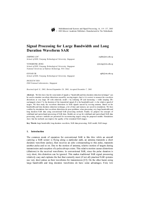(PDF) Signal Processing for Large Bandwidth and Long Duration Waveform SAR