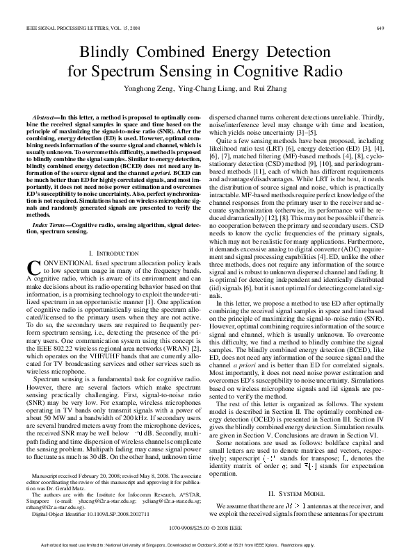 Pdf Blindly Combined Energy Detection For Spectrum Sensing In Cognitive Radio