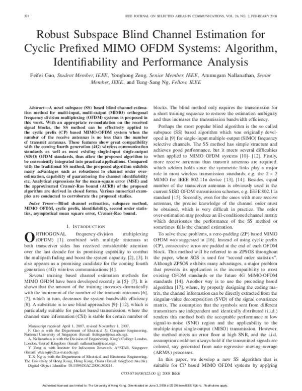 Robust subspace blind channel estimation for cyclic prefixed MIMO ODFM systems: algorithm ...