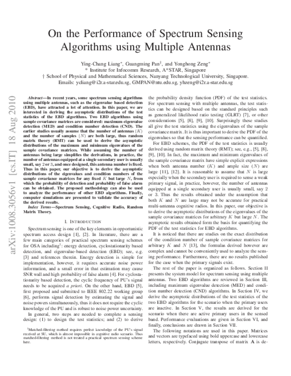 (PDF) On the Performance of Spectrum Sensing Algorithms Using Multiple Antennas
