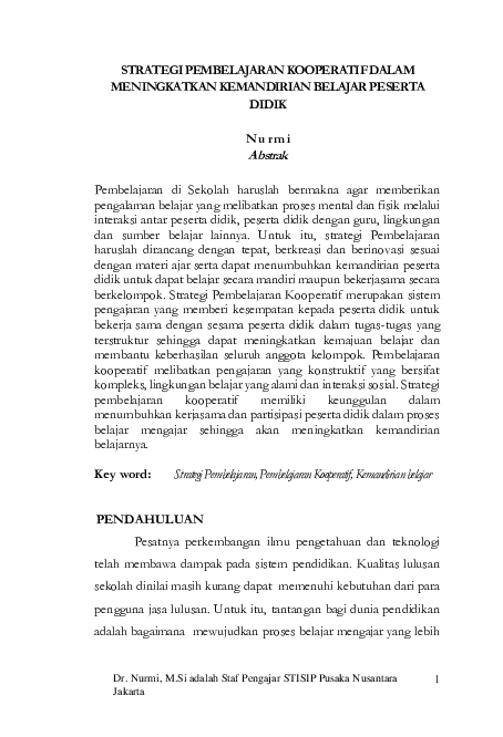 (PDF) Strategi Pembelajaran Kooperatif Dalam Meningkatkan Kemandirian Belajar Peserta Didik