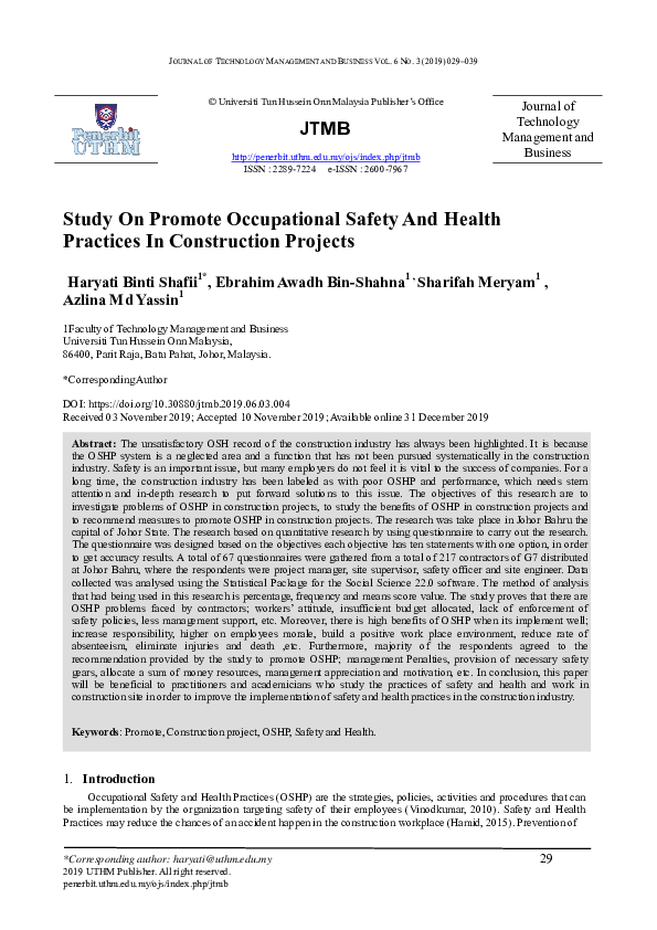 (PDF) Study On Promote Occupational Safety And Health Practices In ...