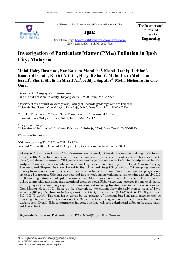Pdf Investigation Of Particulate Matter Pm10 Pollution In Ipoh City Malaysia Haryati