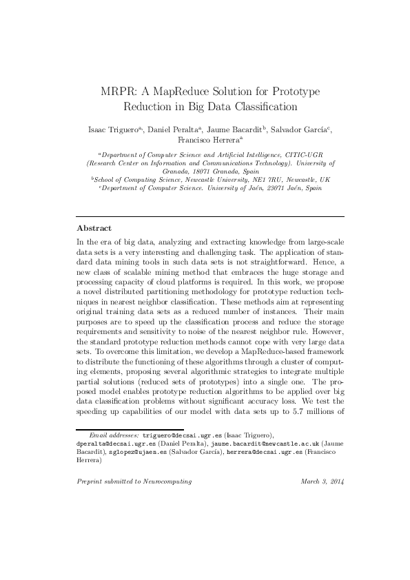 (PDF) MRPR: A MapReduce solution for prototype reduction in big data classification