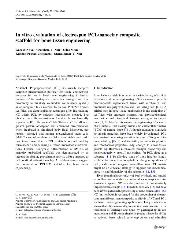 Pdf In Vitro Evaluation Of Electrospun Pcl Nanoclay Composite Scaffold For Bone Tissue Engineering