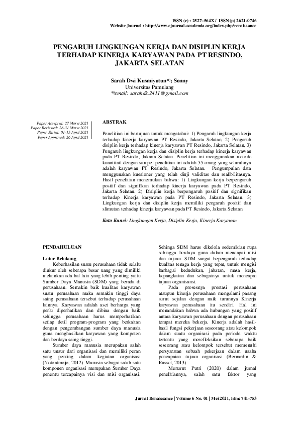 (PDF) Pengaruh Lingkungan Kerja Dan Disiplin Kerja Terhadap Kinerja ...