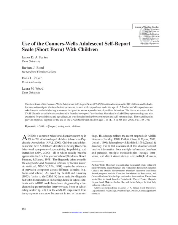 (PDF) Use of the Conners-Wells Adolescent Self-Report Scale (Short Form ...