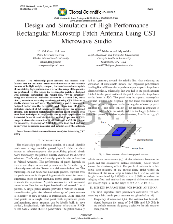 (PDF) Design and Simulation of High Performance Rectangular Microstrip Patch Antenna Using CST ...