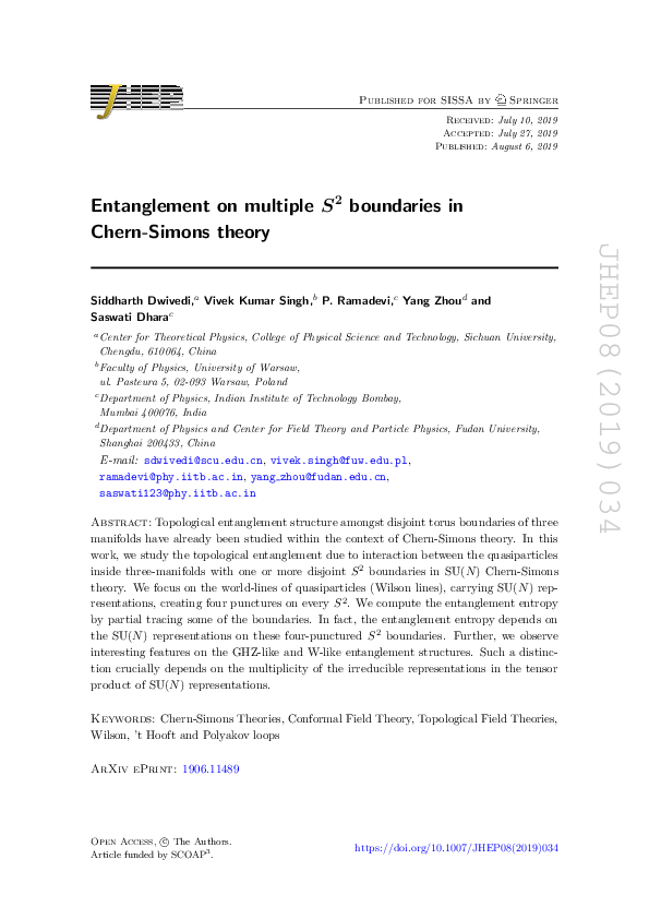 (PDF) Entanglement on multiple S2 boundaries in Chern-Simons theory