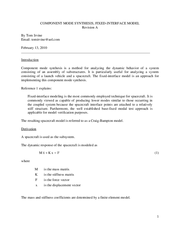 Pdf Component Mode Synthesis Fixed Interface Model Revision A Tom Irvine