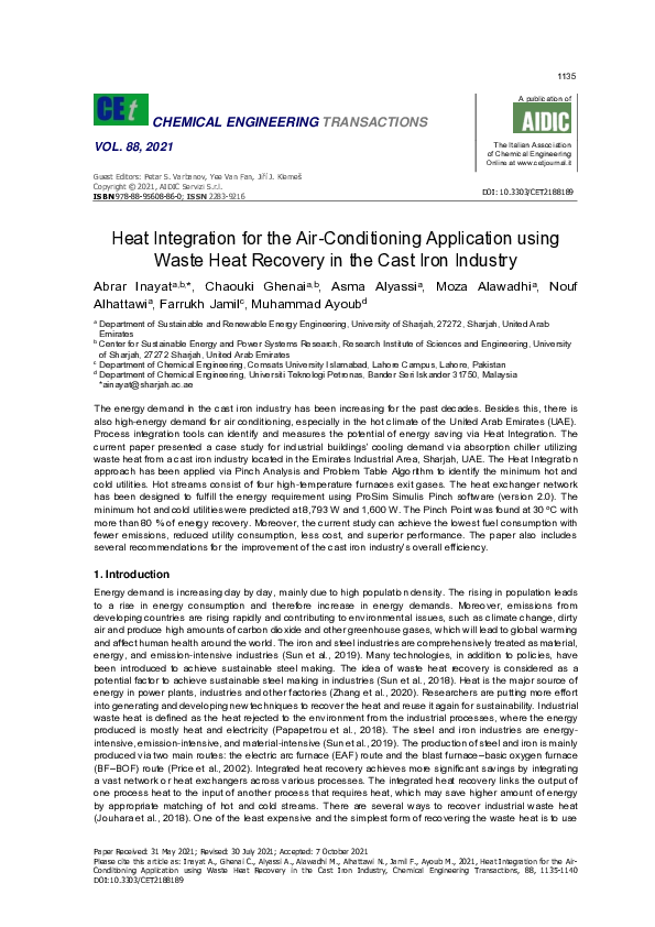(PDF) Heat Integration for the Air-Conditioning Application using Waste Heat Recovery in the ...