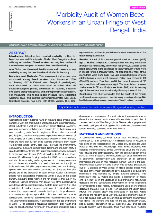 Pdf Morbidity Audit Of Women Beedi Workers In An Urban Fringe Of West Bengal India