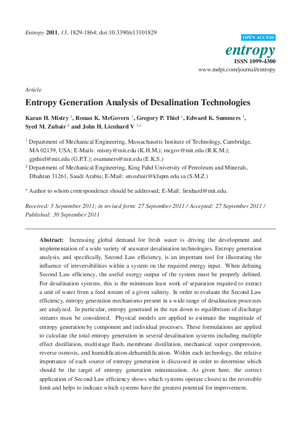 (PDF) Entropy Generation Analysis of Desalination Technologies