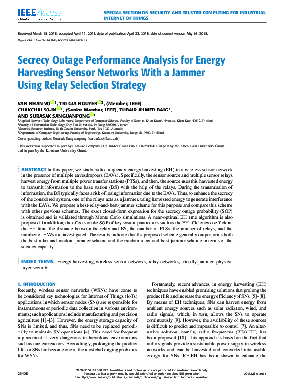 Pdf Secrecy Outage Performance Analysis For Energy Harvesting Sensor Networks With A Jammer