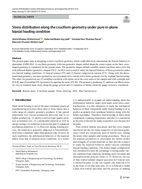 (PDF) Stress distribution along the cruciform geometry under pure in ...
