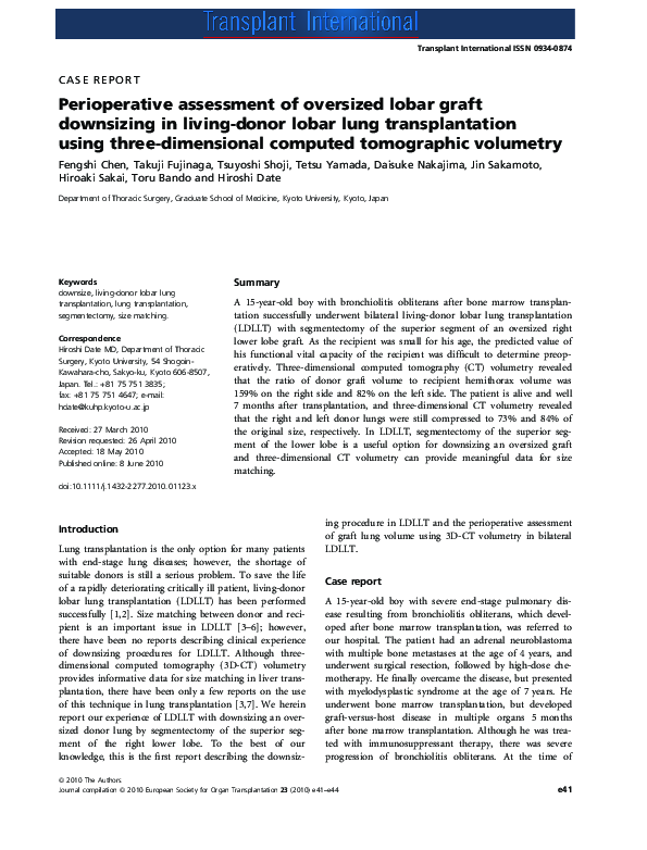 (PDF) Perioperative assessment of oversized lobar graft downsizing in living-donor lobar lung ...