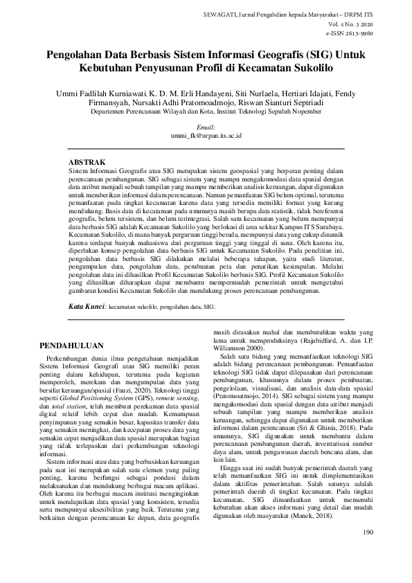 Pdf Pengolahan Data Berbasis Sistem Informasi Geografis Sig Di Kecamatan Sukolilo 