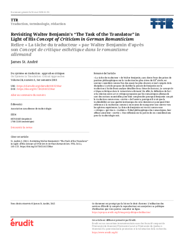 (PDF) Revisiting Walter Benjamin's "The Task of the Translator" in ...