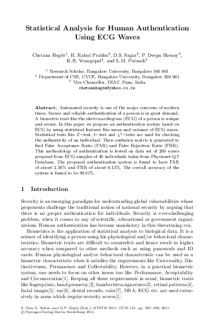 Pdf Statistical Analysis For Human Authentication Using Ecg Waves