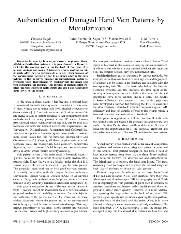 (PDF) Authentication of damaged hand vein patterns by modularization | Chetana Hegde - Academia.edu