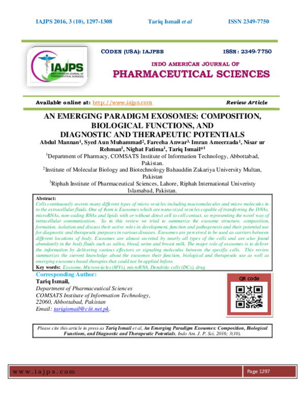(PDF) An Emerging Paradigm Exosomes: Composition, Biological Functions, and Diagnostic and ...