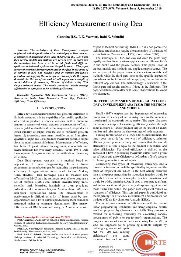 (PDF) Efficiency Measurement using Dea
