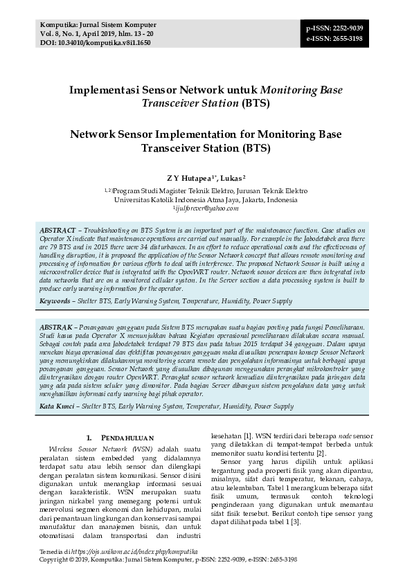(PDF) Implementasi Sensor Network Untuk Monitoring Base Transceiver Station ( BTS )