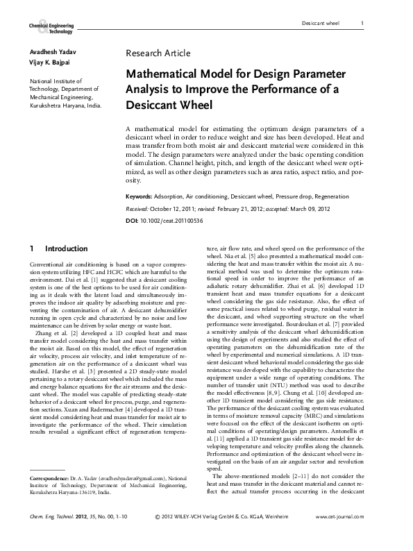 (PDF) Mathematical Model for Design Parameter Analysis to Improve the Performance of a Desiccant ...