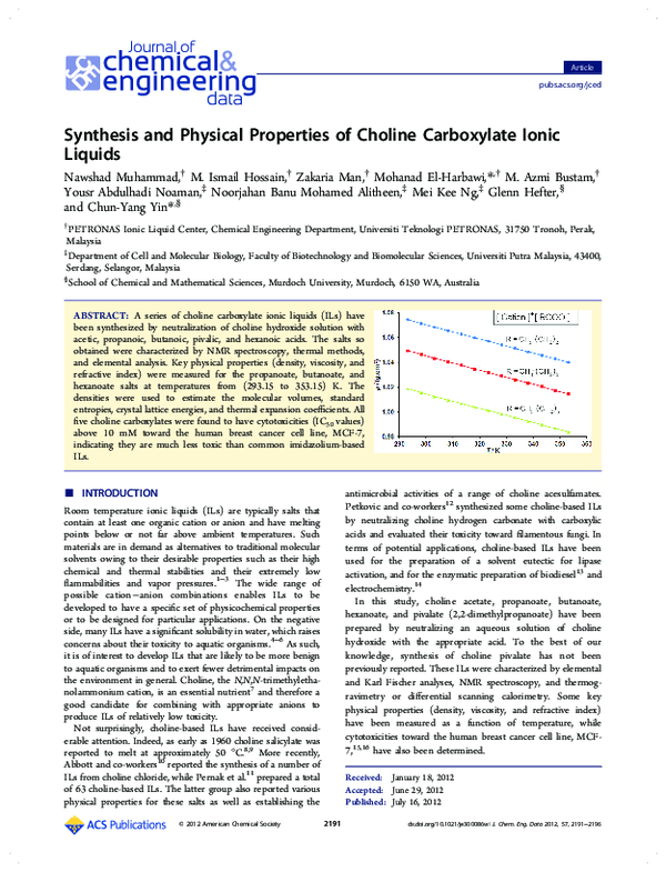 (PDF) Synthesis and Physical Properties of Choline Carboxylate Ionic ...