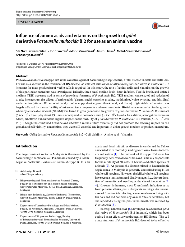 (PDF) Influence of amino acids and vitamins on the growth of gdhA ...