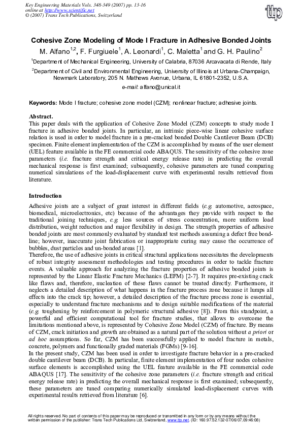 (PDF) Cohesive zone modeling of mode I fracture in adhesive bonded joints
