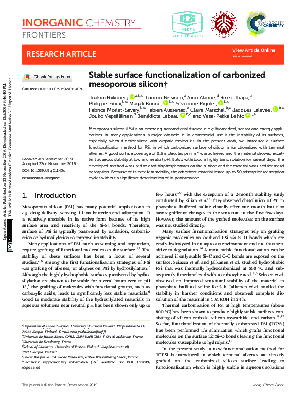 (PDF) Stable surface functionalization of carbonized mesoporous silicon