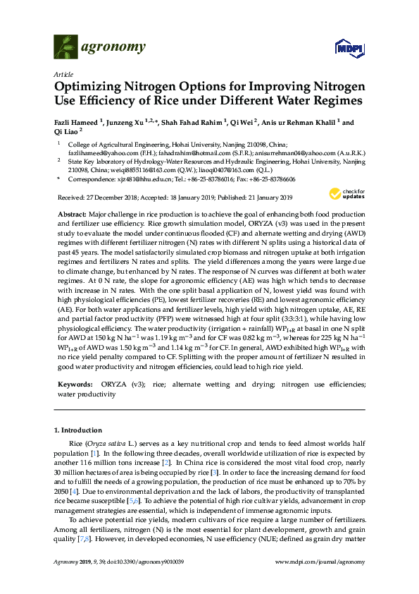 (PDF) Optimizing Nitrogen Options for Improving Nitrogen Use Efficiency of Rice under Different ...