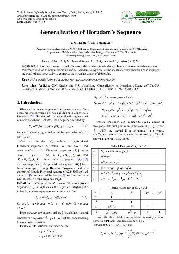 (PDF) Generalization of Horadam’s Sequence