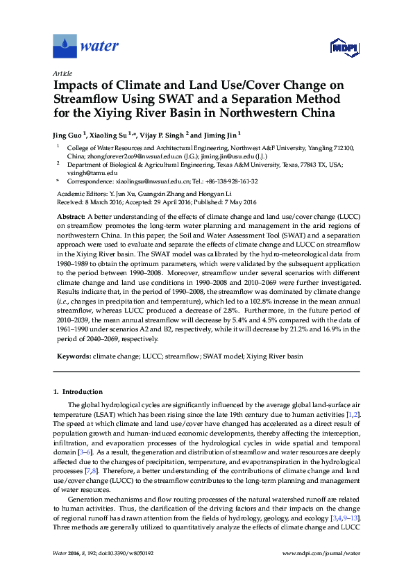 (PDF) Impacts of Climate and Land Use/Cover Change on Streamflow Using SWAT and a Separation ...