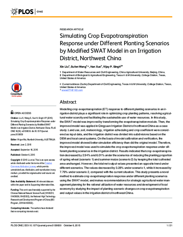 (PDF) Simulating Crop Evapotranspiration Response under Different Planting Scenarios by Modified ...