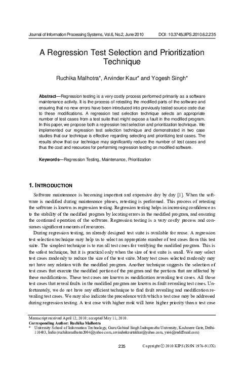 Pdf A Regression Test Selection And Prioritization Technique