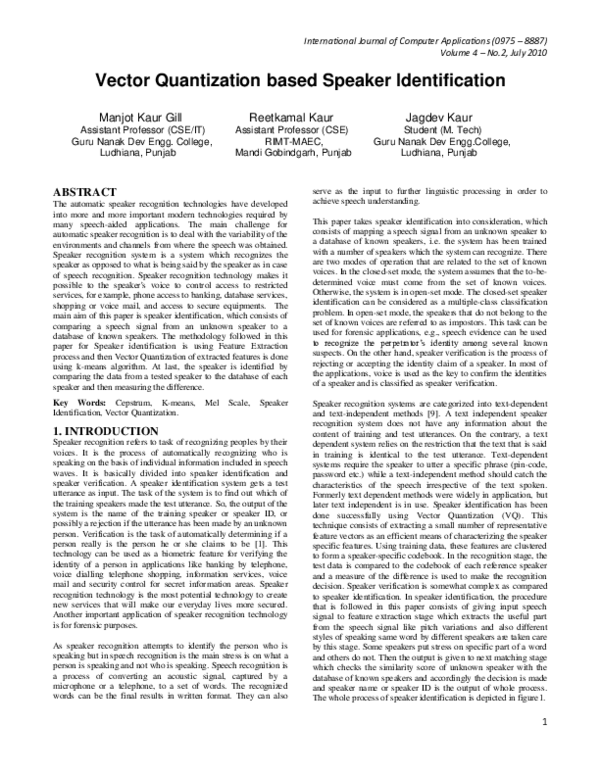 Pdf Vector Quantization Based Speaker Identification